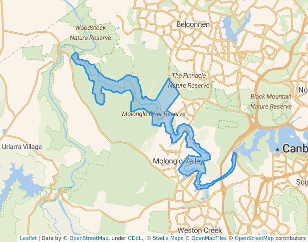 Molonglo River Reserve in Coree | Map and Routes