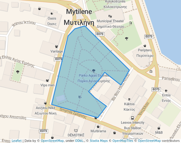 Πάρκο Αγίας Ειρήνης in Mitilini | Map and Routes