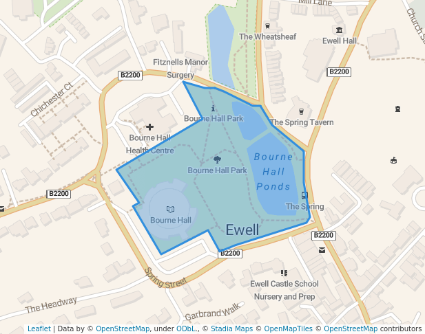 Bourne Hall Park in Ewell | Map and Routes