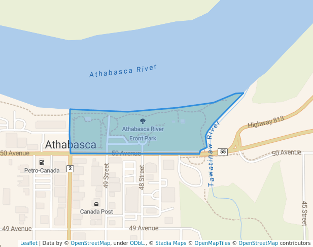 Athabasca River Front Park in Athabasca | Map and Routes