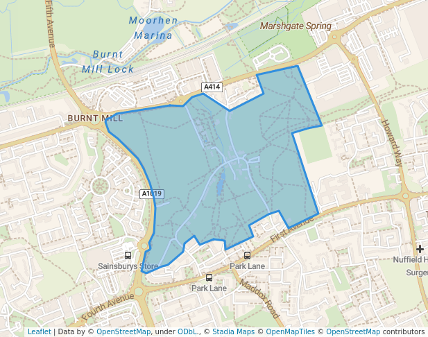 Harlow Town Park in Harlow | Map and Routes
