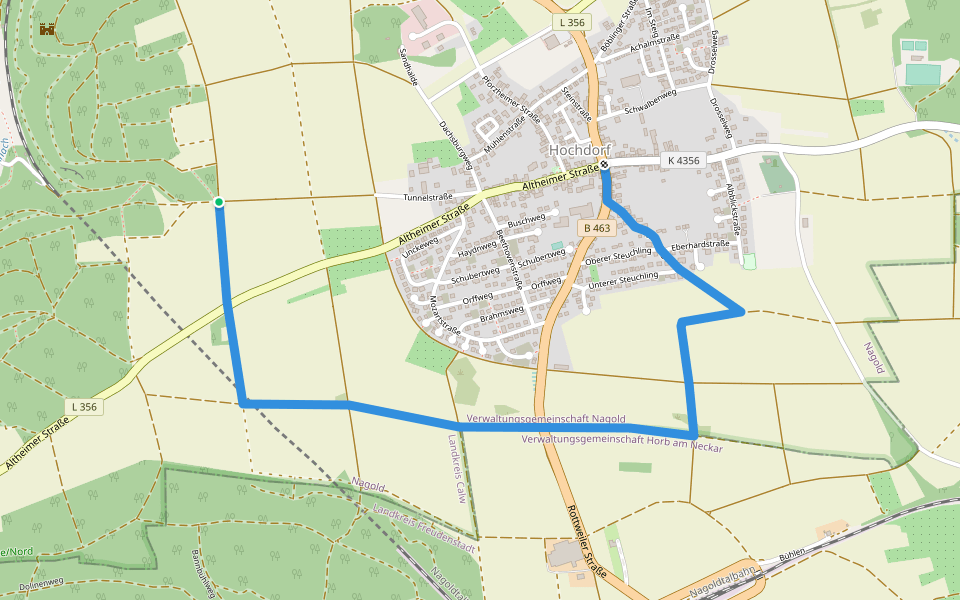 Hochdorf town center - valley trails in Baden-Württemberg | Walking Map