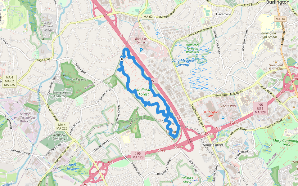 Burlington Landlocked Forest Yellow Loop in Massachusetts | Walking Map