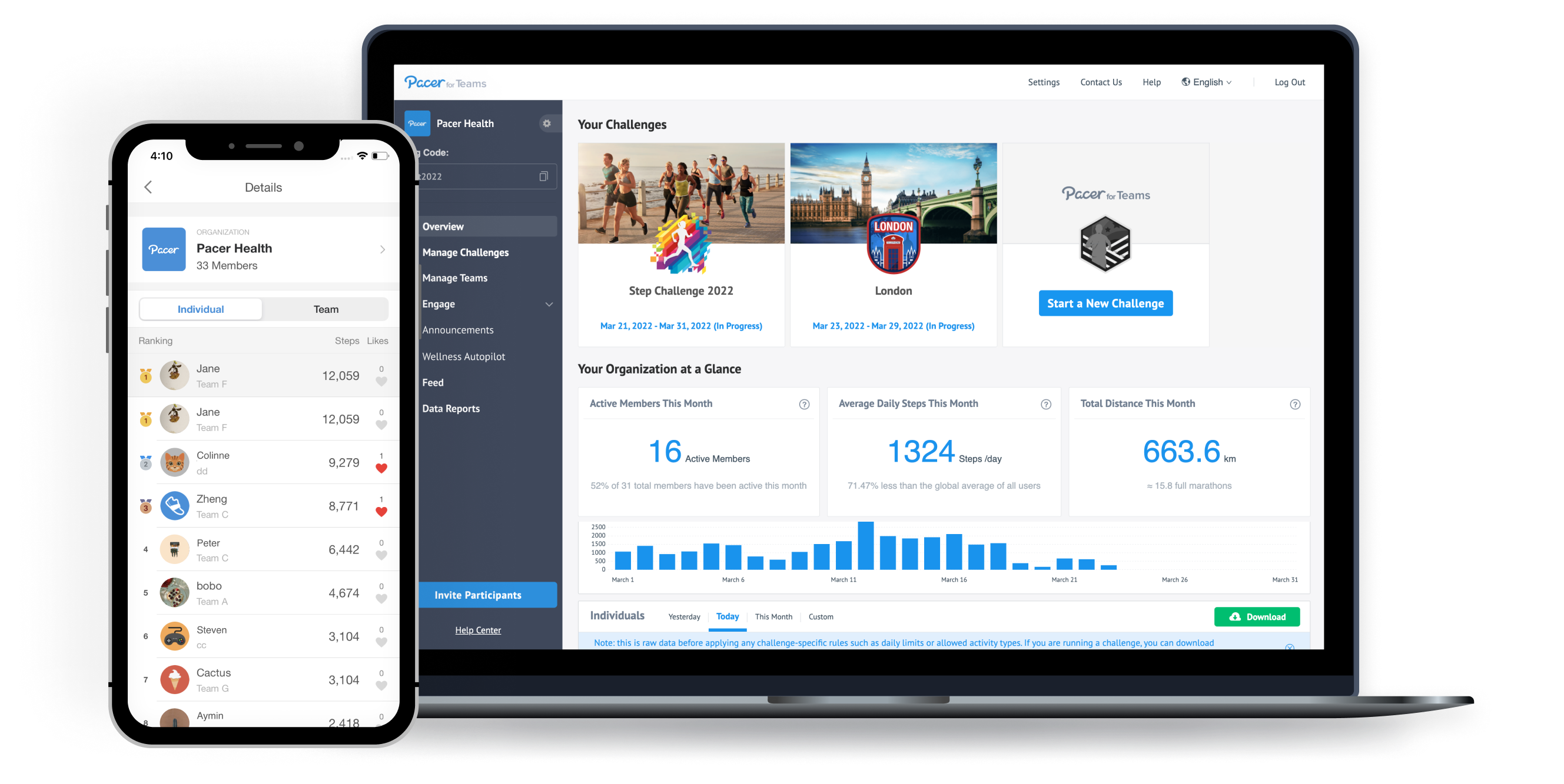 Pacer for Teams admin portal and app view